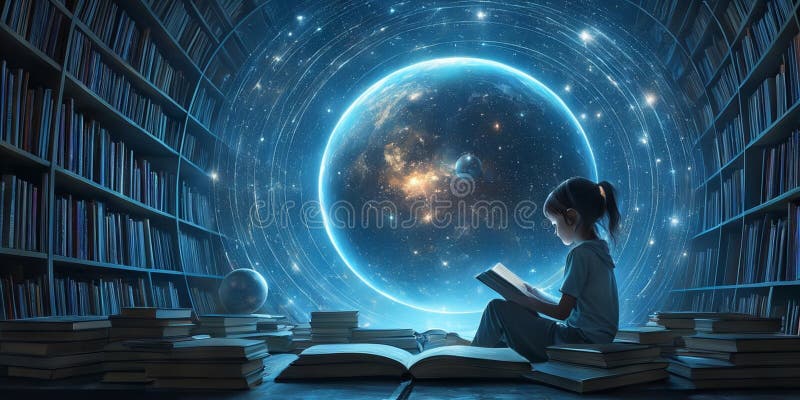 Girl watching the universe stock illustration. Illustration of learn ...