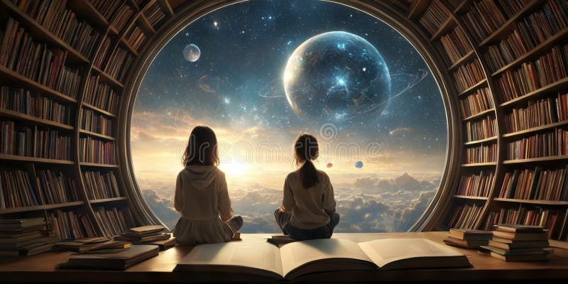 Girl watching the universe stock illustration. Illustration of universe ...