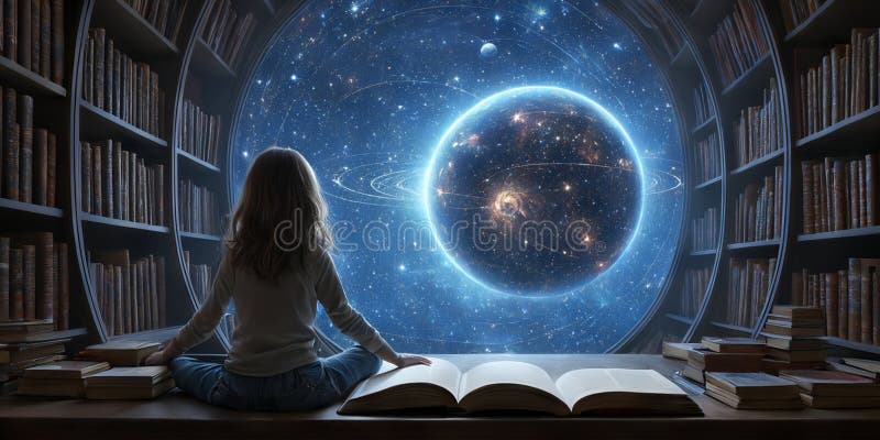 Girl watching the universe stock illustration. Illustration of future ...