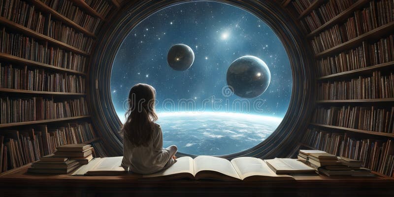Girl watching the universe stock illustration. Illustration of outer ...