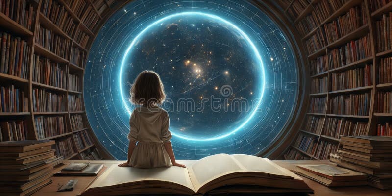 Girl watching the universe stock illustration. Illustration of watching ...