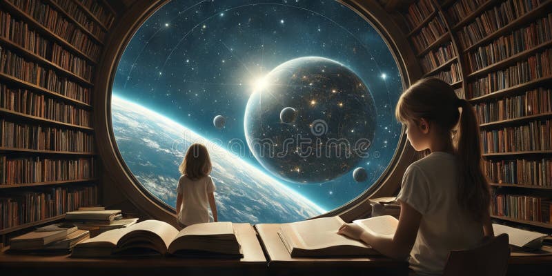 Girl watching the universe stock illustration. Illustration of library ...
