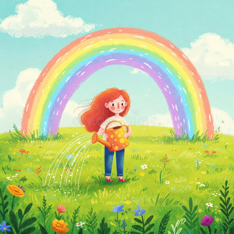 A Girl with a Watering Can in a Flower Field Under a Rainbow. Stock ...