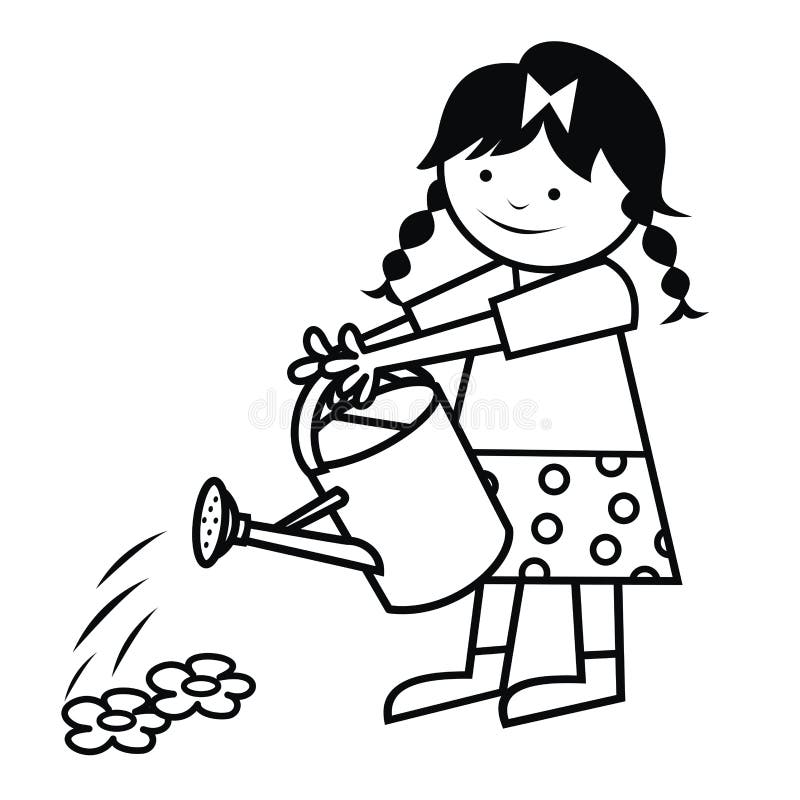 The Girl is Watering Flowers, Coloring Page Stock Vector - Illustration ...
