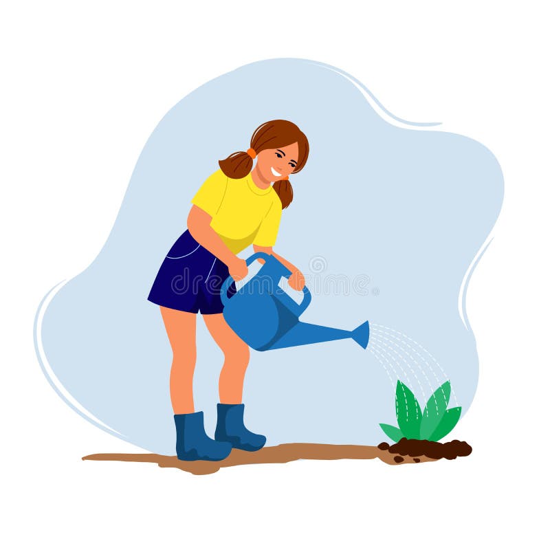 Girl Watering A Plant From A Watering Can Color Vector Illustration In