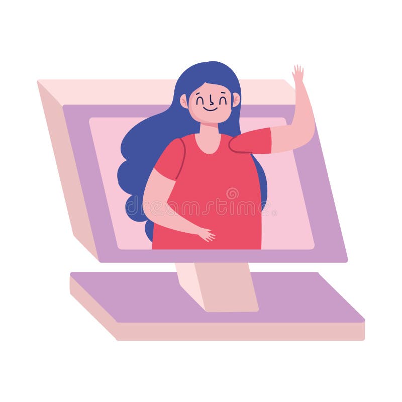 Girl Waving Hand in Computer Video Cartoon Stock Vector - Illustration ...
