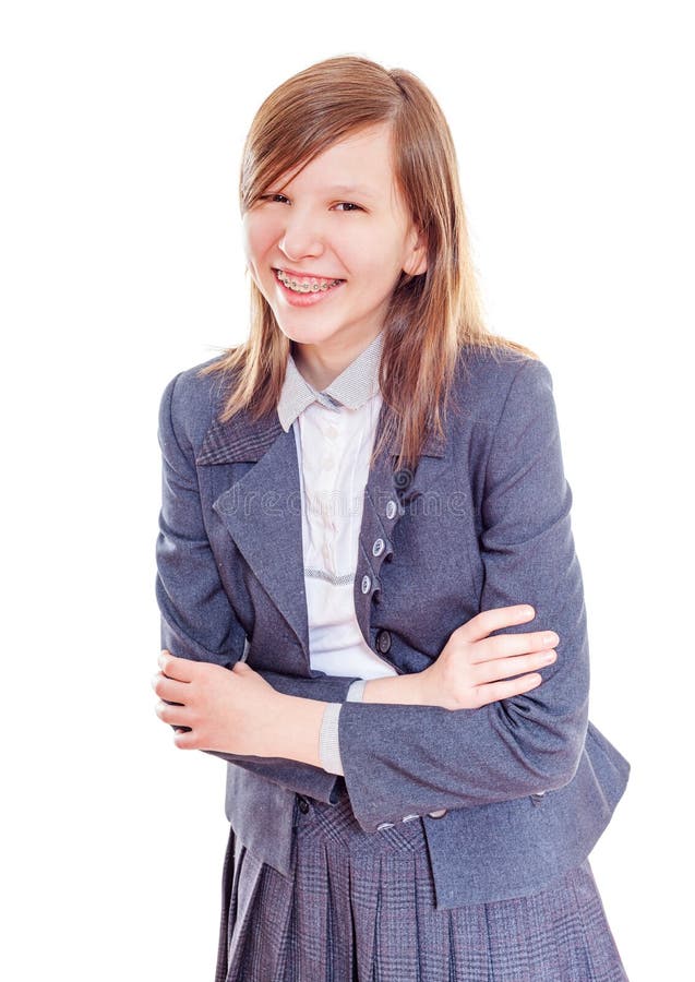 Excited School Girl Uniform Wearing Braces Stock Photos - Free ...