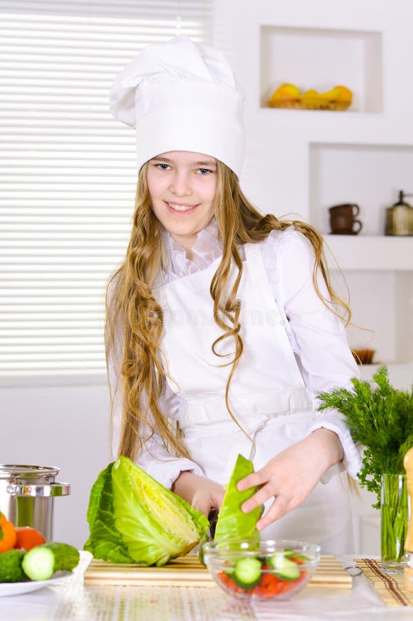 Portrait of Girl Wearing Chef Uniform Cooking on Kitchen Stock Image ...