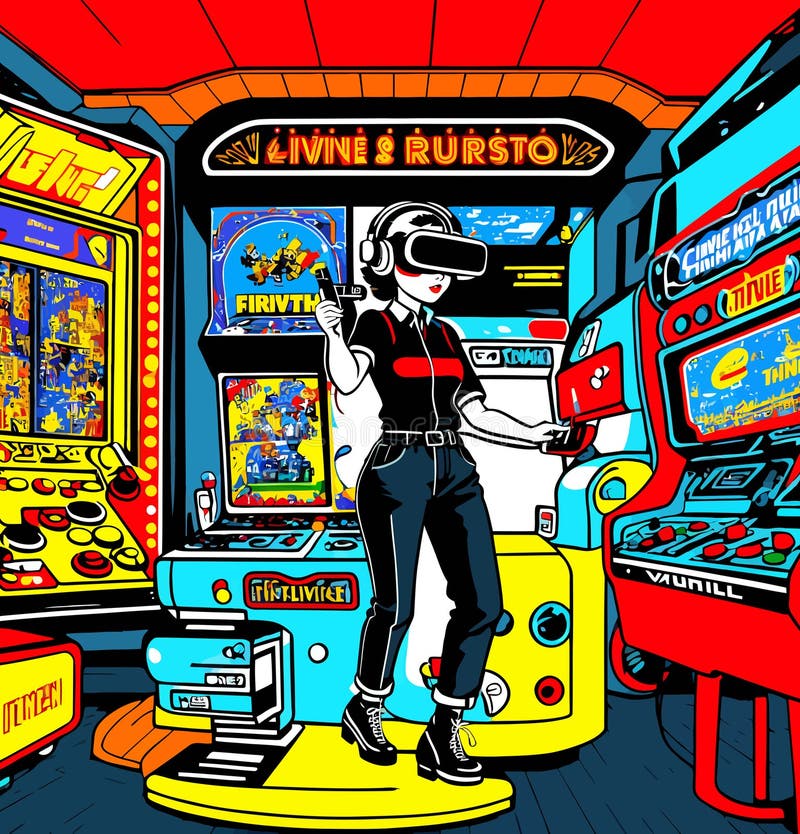 Girl Wearing a Vr Headset Playing in an Arcade Game Stock Illustration ...