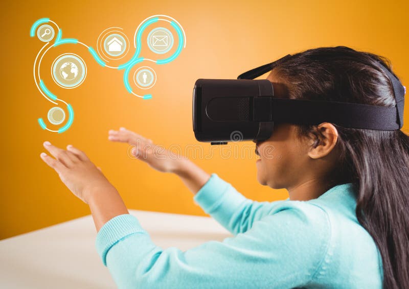 Girl Wearing VR Virtual Reality Headset with Interface Stock Image ...