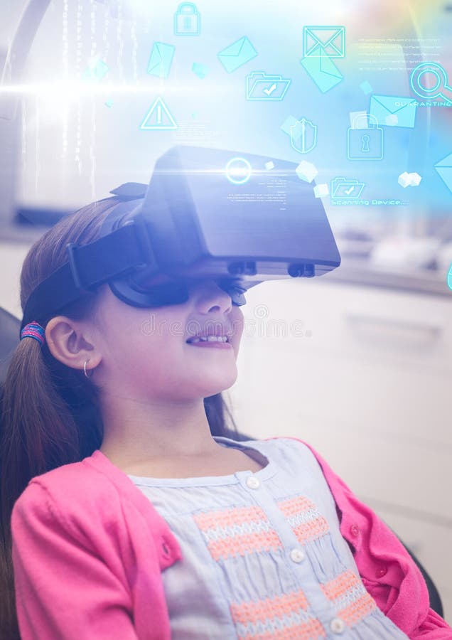 Girl Wearing VR Virtual Reality Headset with Interface Stock ...