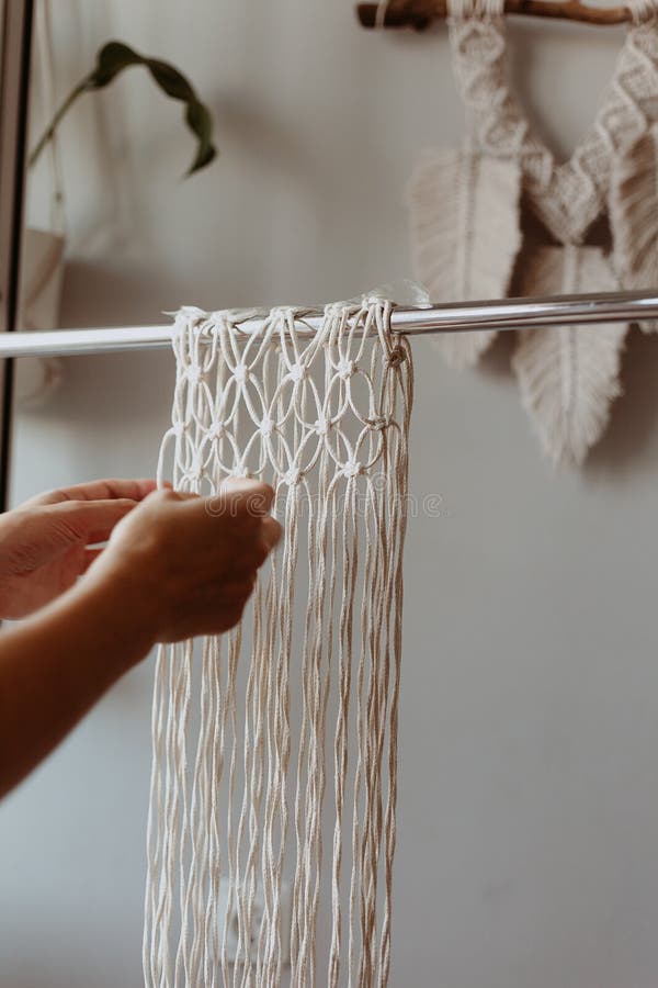 The Process of Weaving Macrame. Hands Weave Macrame Decor Stock Photo ...