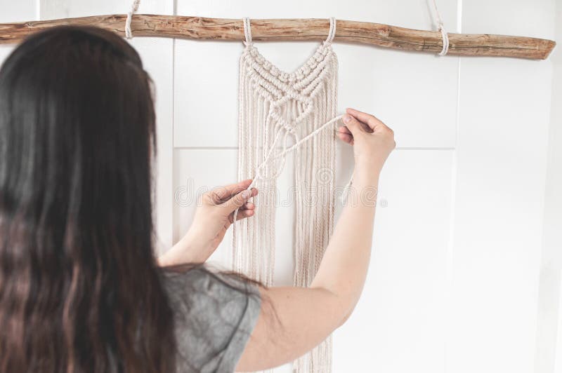 Girl Weaving a Macrame Pattern for a Large Wall Panel Stock Image ...