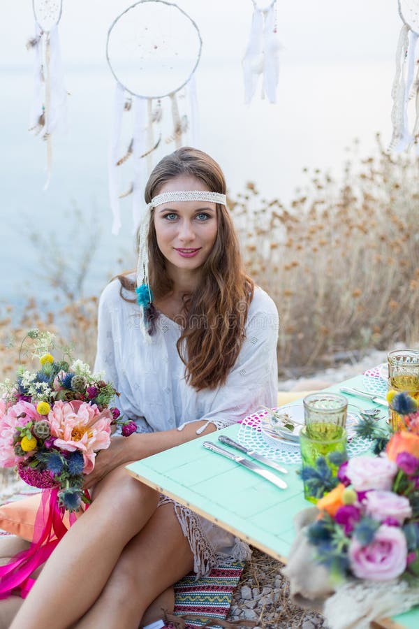 Boho Girl Sitting Barefoot on the Beach. Stock Photo - Image of blonde ...