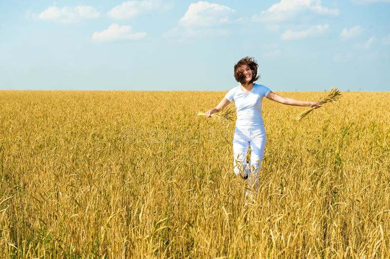 Girl in a White Dress Running on Field. Stock Image - Image of healthy ...