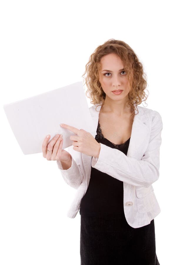 Girl with white paper stock image. Image of model, studio - 12432623