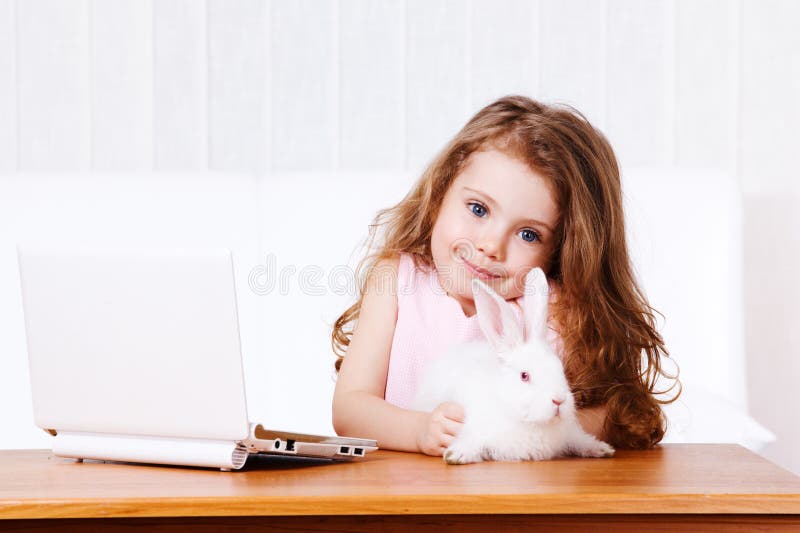Girl with White Rabbit and Laptop Stock Image - Image of beautiful ...