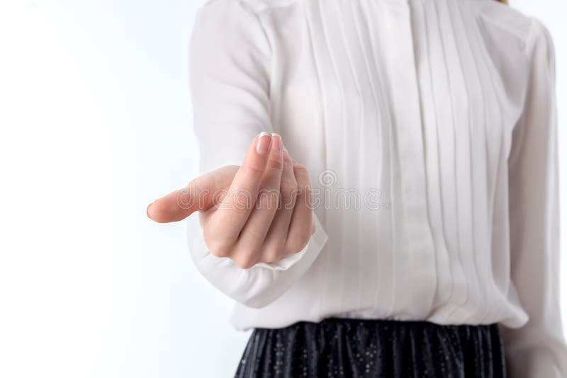 Girl in White Shirt Stretched Forth a Hand Isolated on Background Stock ...