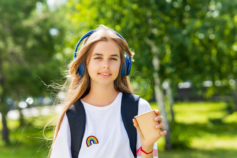 Girl in White T-shirt with Backpack Going To School Stock Image - Image ...