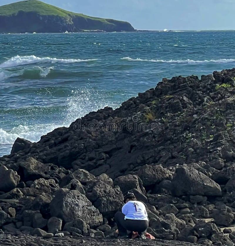This is a Girl Looking for Trash by the Sea Stock Photo - Image of ...