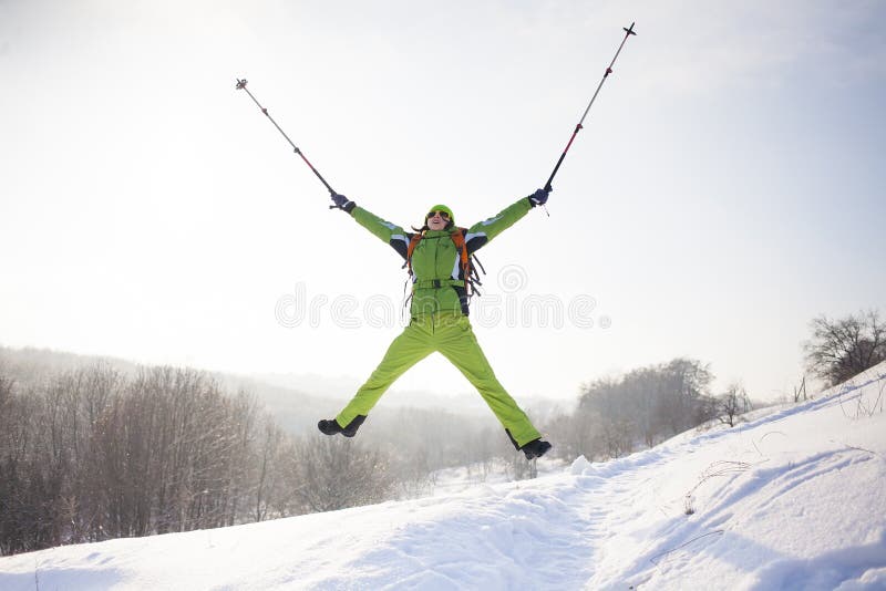 Girl in Winter Clothes Jumping Up. Stock Photo - Image of opportunity ...