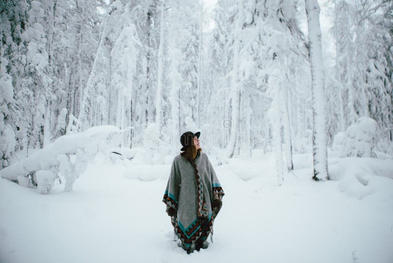 Girl in winter forest stock photo. Image of travel, siberia - 93577784