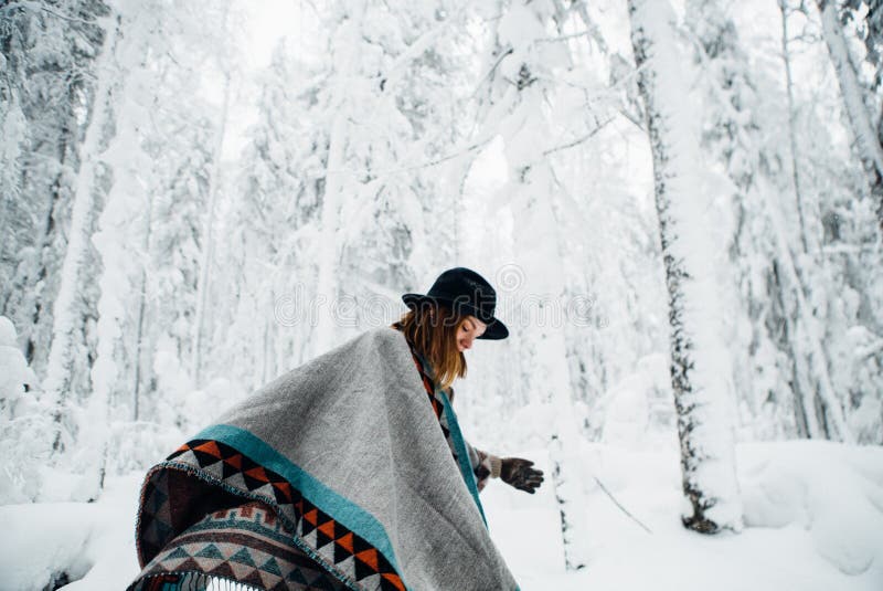 Girl in winter forest stock image. Image of winter, explore - 93578241