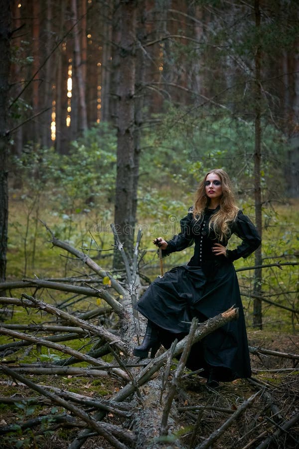 Girl Witch Witch in a Dark Pine Forest Stock Image - Image of forest ...