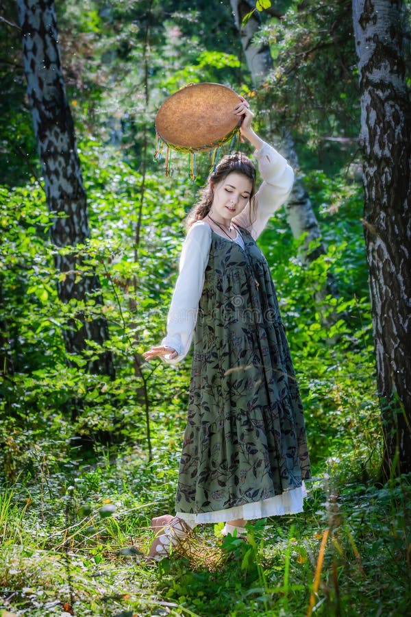 Girl Witch Performs a Ritual Dance with a Tambourine Stock Image ...