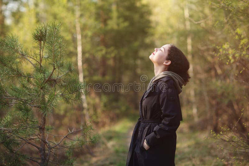 Girl Woman Walking In Nature Park Forest And Breathing Fresh Air