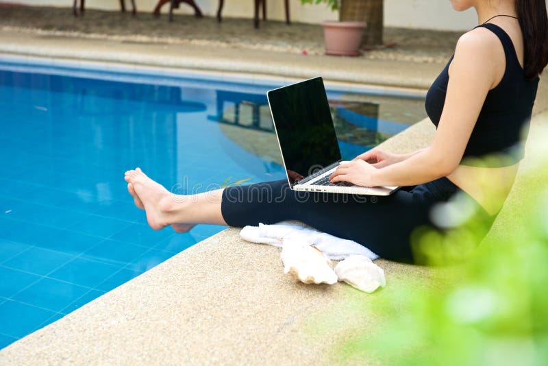 Girl Work with Laptop at Pool Stock Image - Image of girl, remotely ...