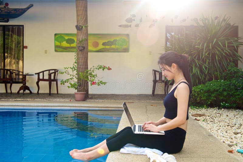 Girl Work with Laptop at Pool Stock Photo - Image of girl, type: 46194466