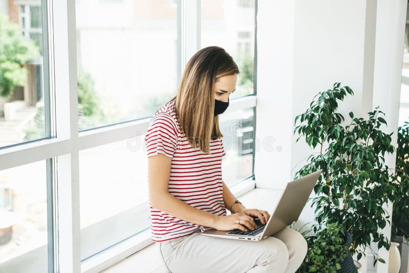 Girl with Face Mask and Laptop Stock Photo - Image of lifestyle ...