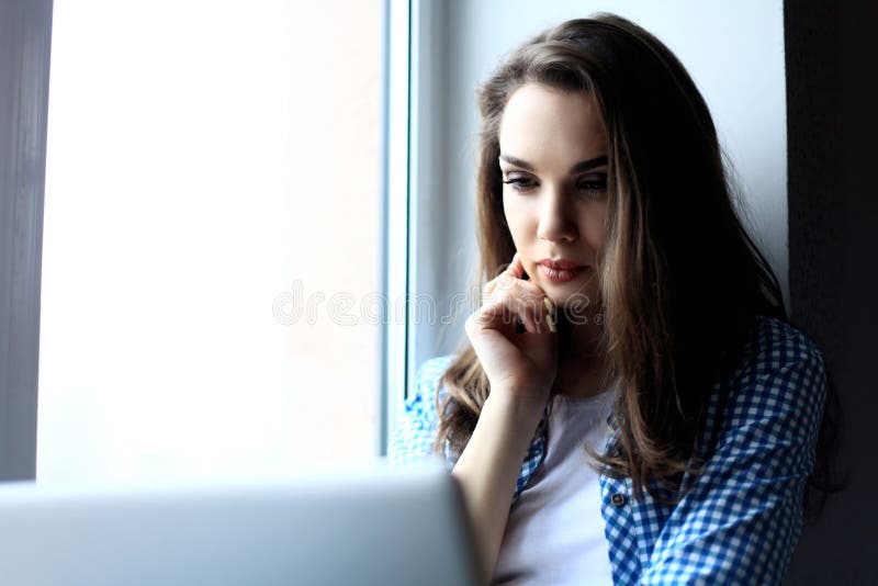 Girl Working on Computer in Light Room Stock Image - Image of ...