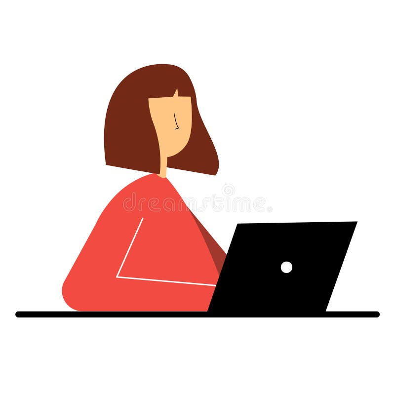 Girl Working at a Computer, Student or Freelancer. Cute Vector Illustration in Flat Style. Stock ...