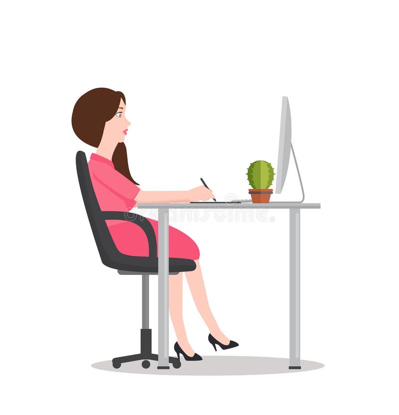 Girl Working on Computer Table Looking at Screen while Drawing ...