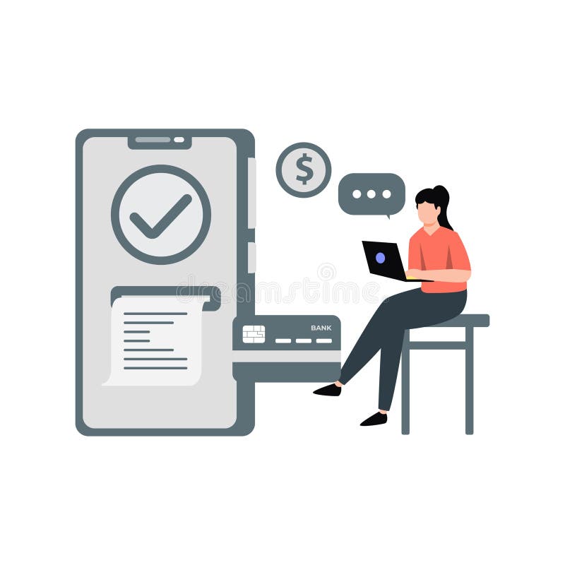 A Girl is Working on Credit Card Billing on a Laptop Stock Illustration ...