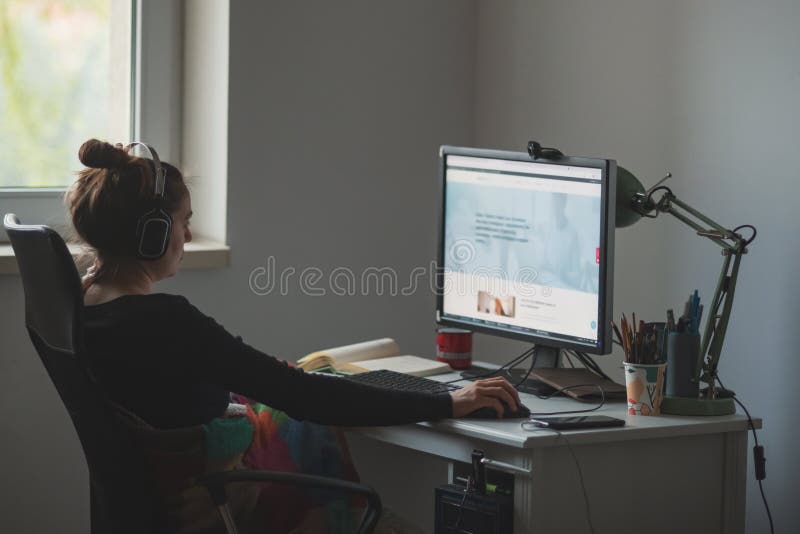 Girl working from home stock photo. Image of caucasian - 177437596
