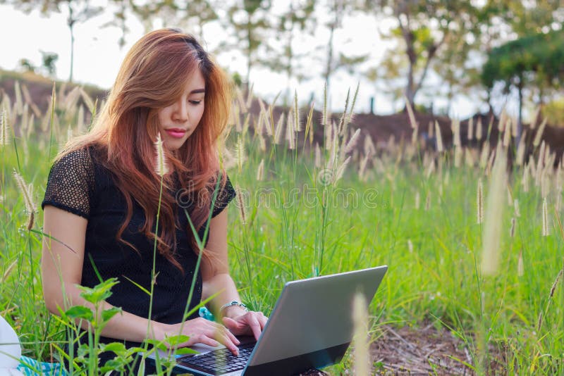 Girl Working on Her Laptop Computer Outside on the Terrace Stock Photo ...