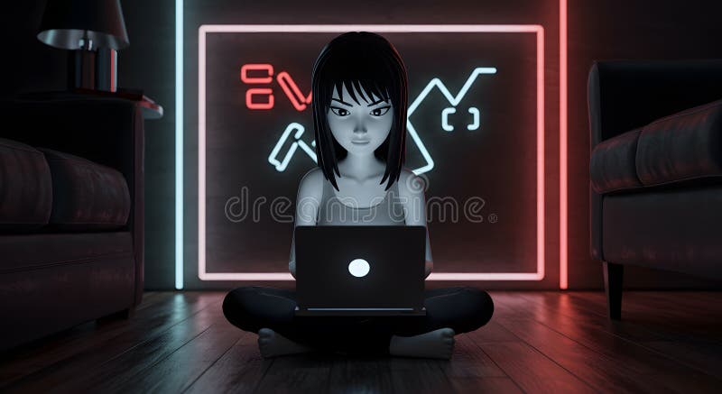 Girl Working on Laptop Neon Room 3d Render Stock Image - Image of ...