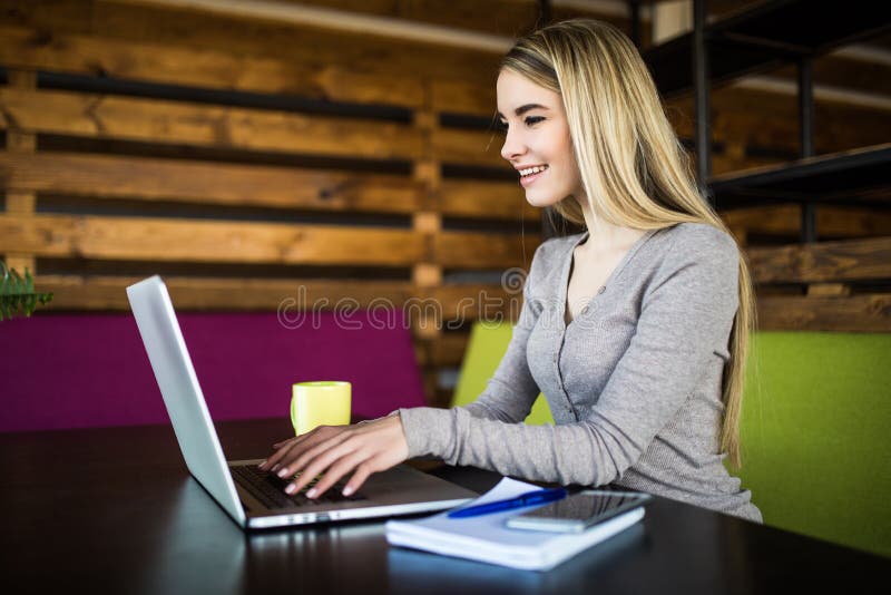 Girl at Working Place Typing at Laptop Stock Photo - Image of side ...