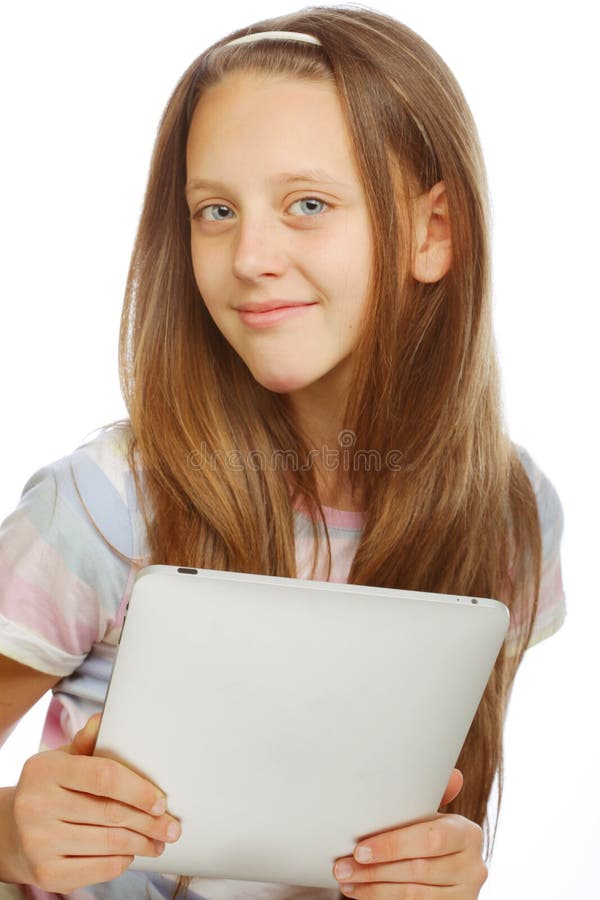 Girl Working with Portable Tablet Computer Stock Photo - Image of girl ...