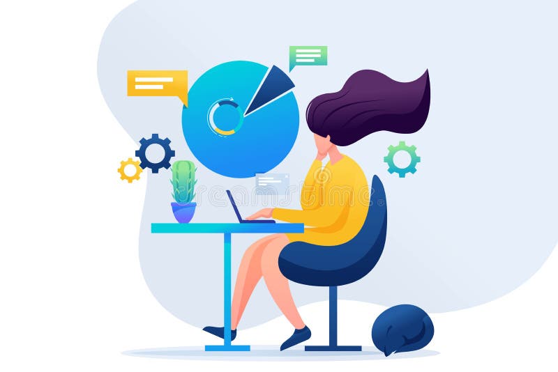 Girl Working at the Remote Work. Work at Home, Freelancer. Flat 2D ...