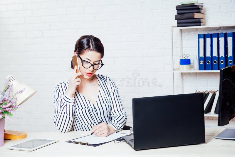 Girl in the Workplace at the Computer in the Office Stock Image - Image ...