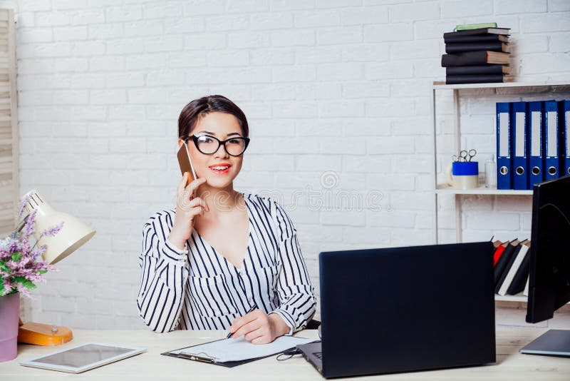 Girl in the Workplace at the Computer in the Office Stock Image - Image ...