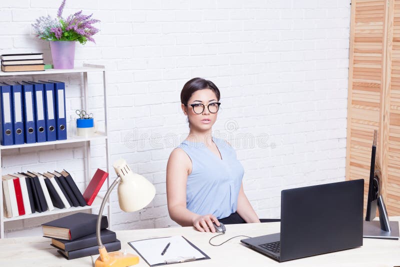 Girl in the Workplace at the Computer in the Office Stock Photo - Image ...