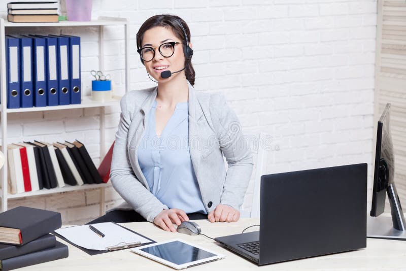 Girl in the Workplace at the Computer in the Office Stock Image - Image ...