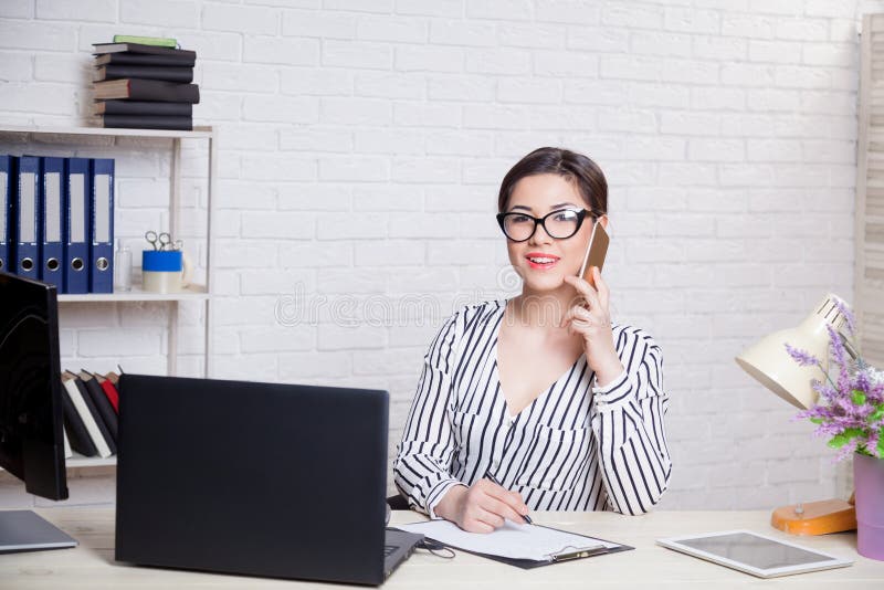 Girl in the Workplace at the Computer in the Office Stock Image - Image ...