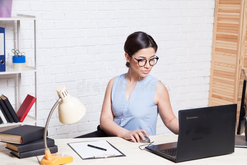 Girl in the Workplace at the Computer in the Office Stock Photo - Image ...