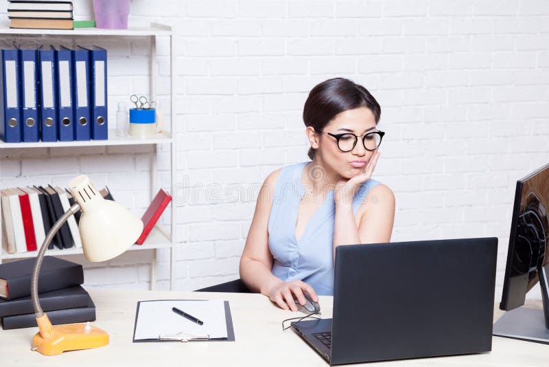 Girl in the Workplace at the Computer in the Office Stock Image - Image ...